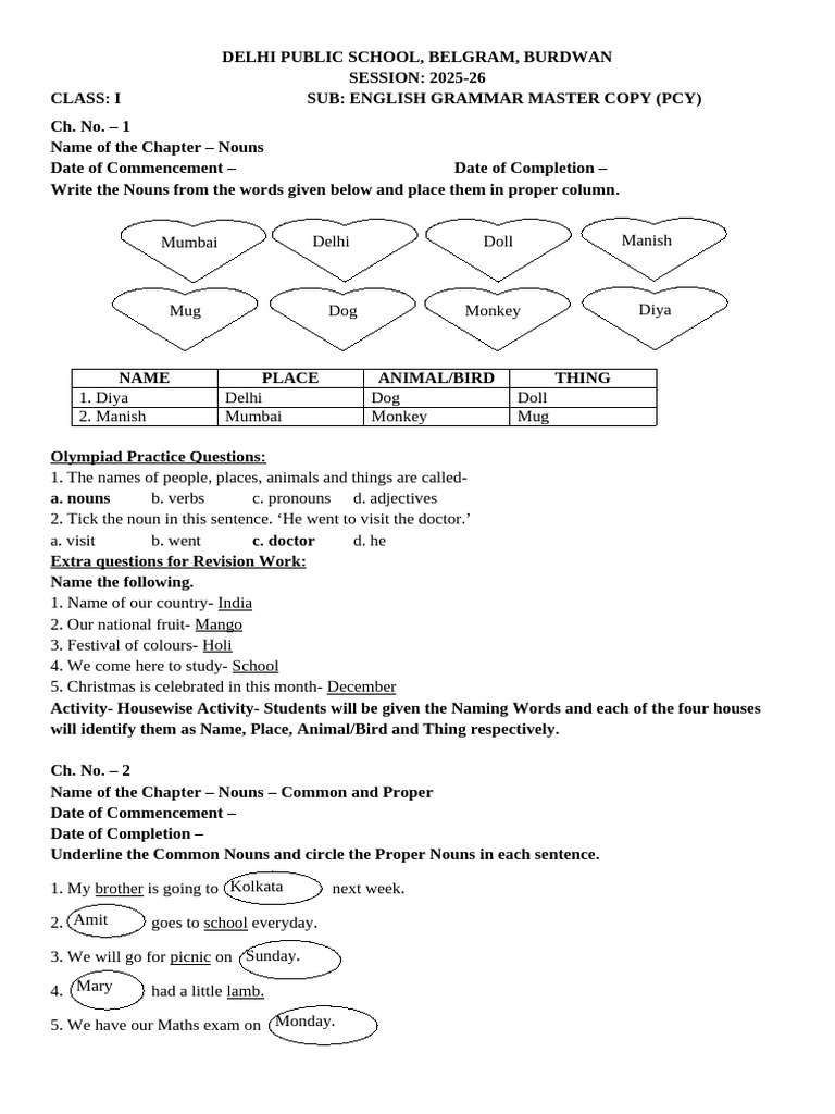 Class 1 English Grammar: Nouns Master Copy | PDF | English Grammar | Noun