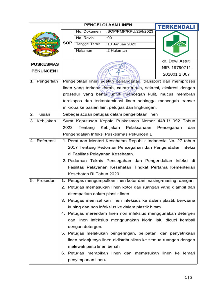 Sop Pengelolaan Linen | PDF