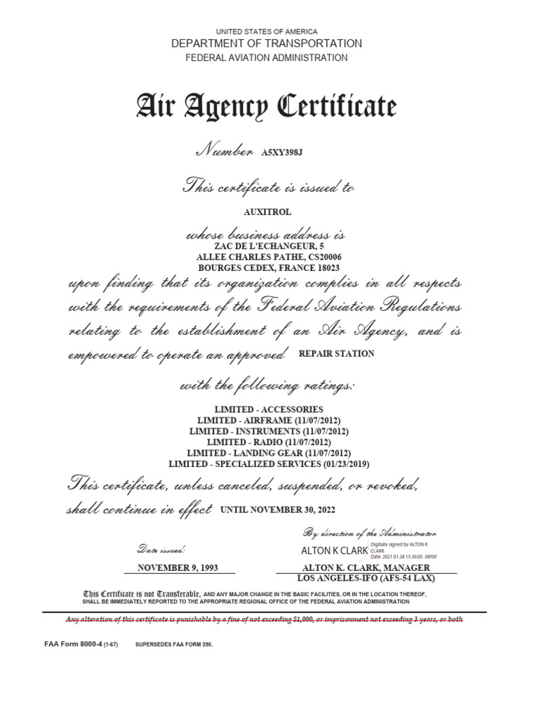 FR A5xy B Current Air Agency Certificate Dated 2021-01-2611 | PDF ...
