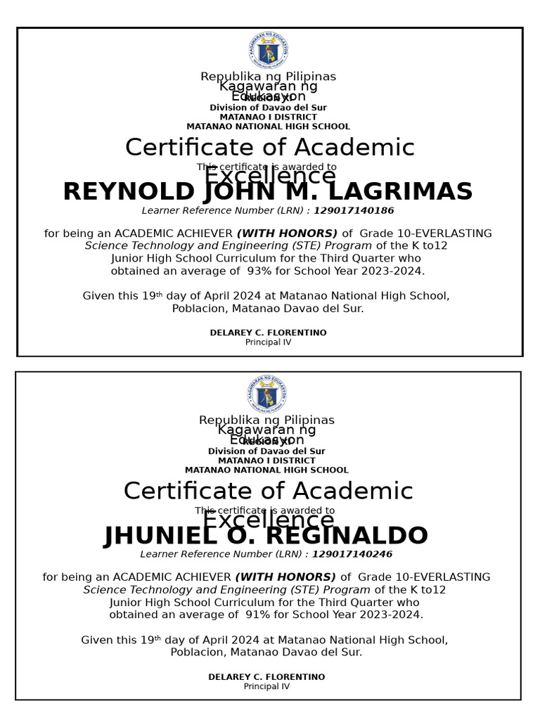 Certificate of Academic Excellence 2 | PDF