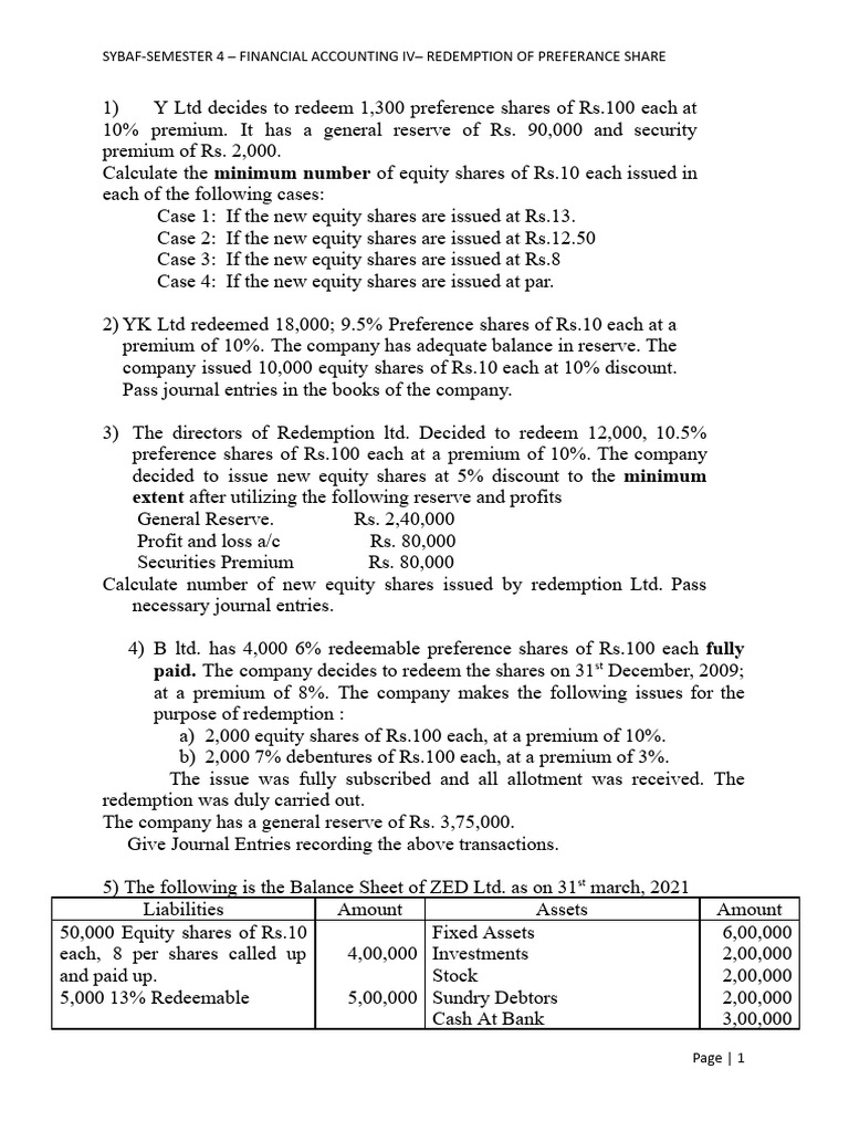 Redemption of Preference Shares Guide | PDF | Equity (Finance ...