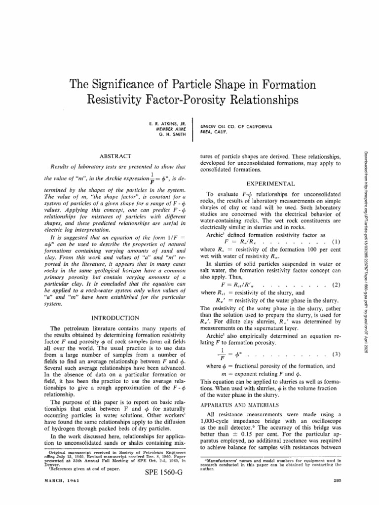 Spe-1560-G-pa The Significance of Particle Shape in Formation Resistivity Factor-Porosity | PDF ...