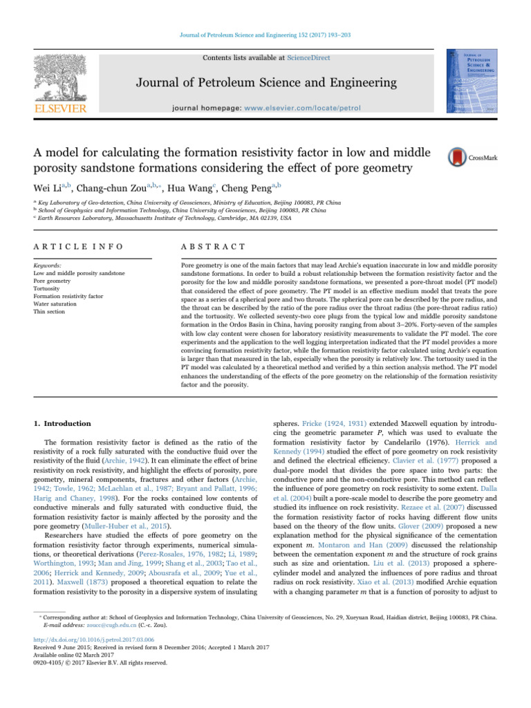 Journal of Petroleum Science and Engineering: Wei Li, Chang-Chun Zou, Hua Wang, Cheng Peng | PDF ...