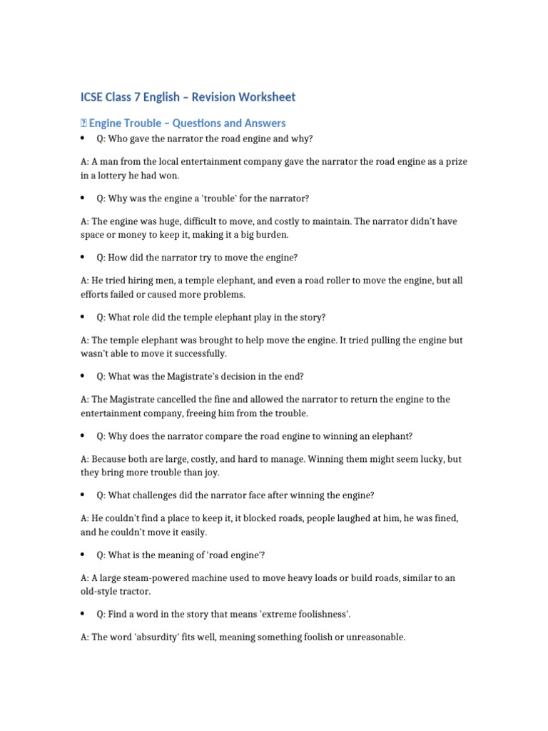 ICSE Class 7 English Revision Worksheet | PDF