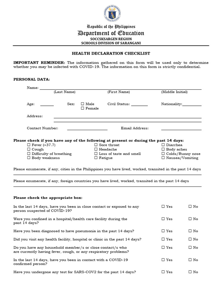 Health Declaration Checklist | PDF