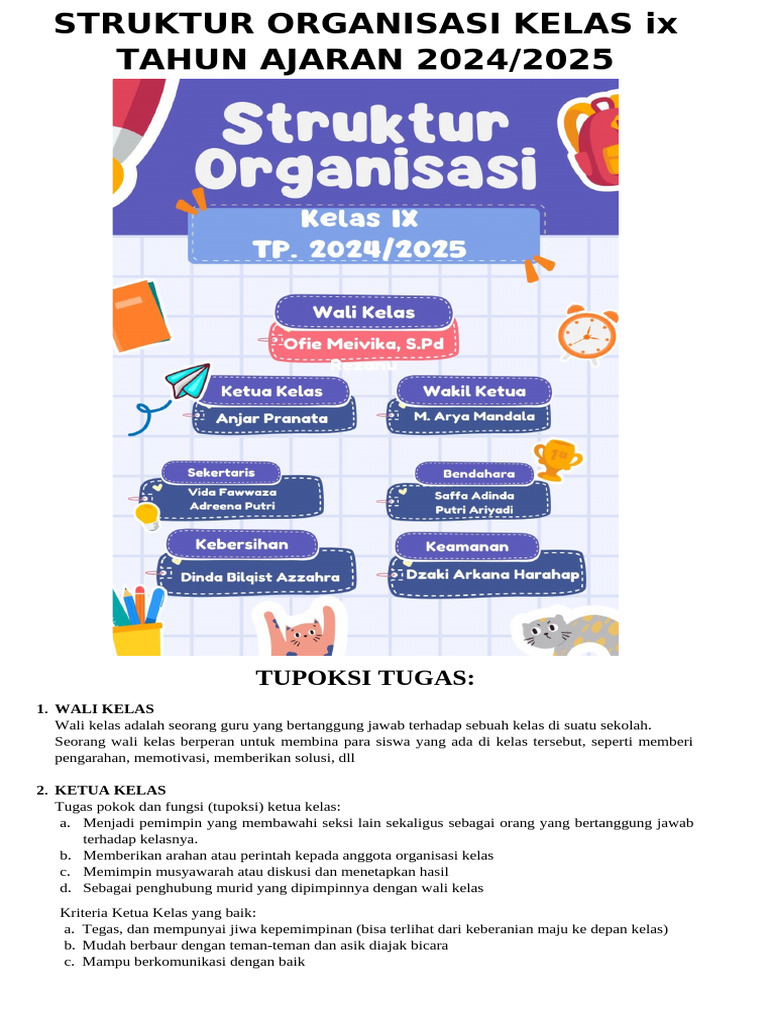 Struktur Organisasi Kelas Dan Tugasnya Kelas Ix | PDF