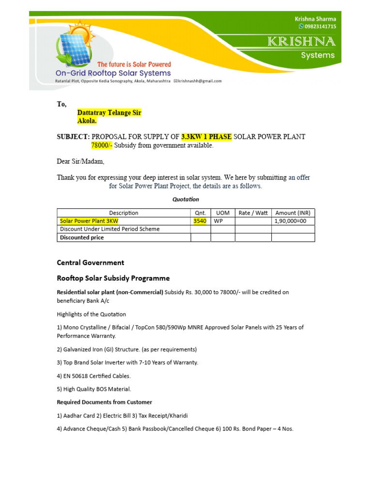 3.3KW Solar Power Plant Proposal | PDF | Solar Power | Photovoltaic System
