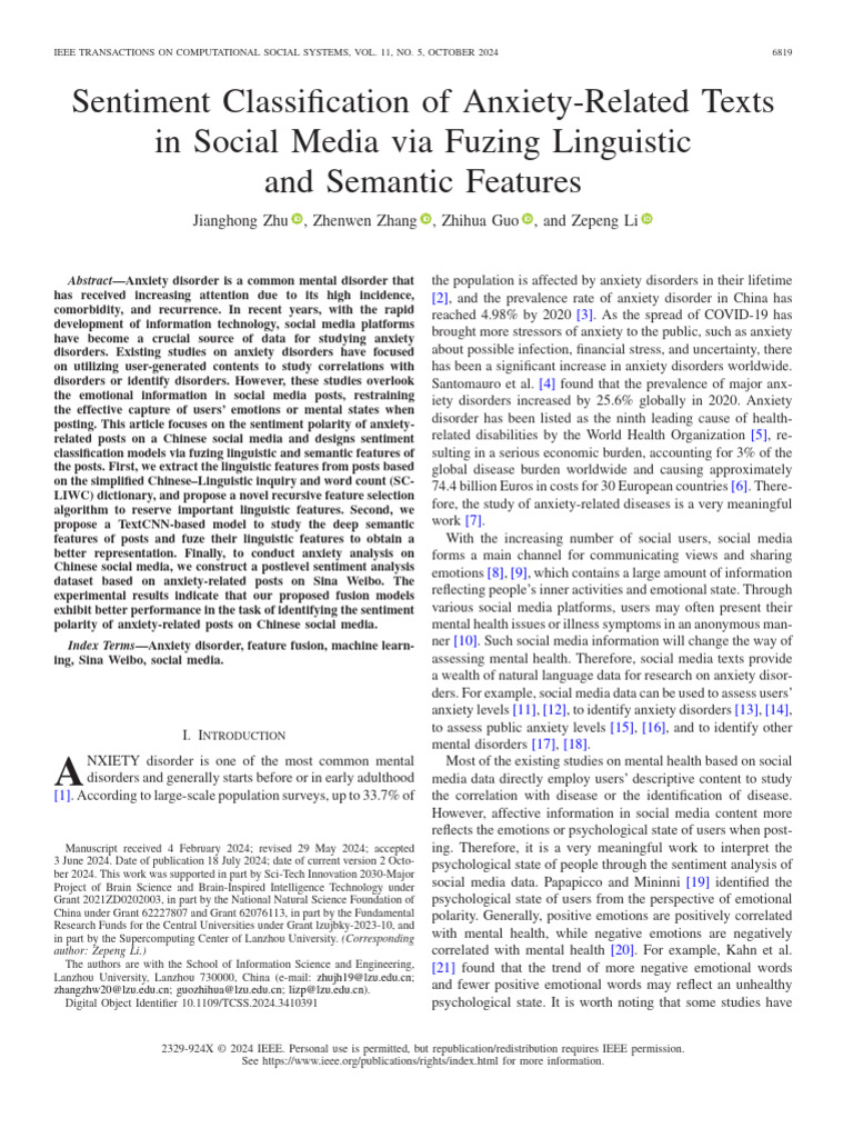 Sentiment Classification of Anxiety-Related Texts in Social Media Via ...