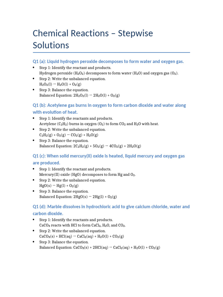 Balanced Chemical Equations Stepwise Solution | PDF