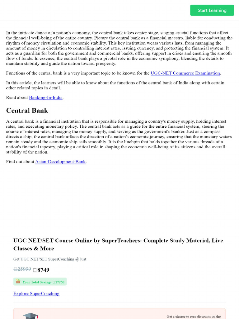 Functions of The Central Bank Detailed Study Note For Examination | PDF