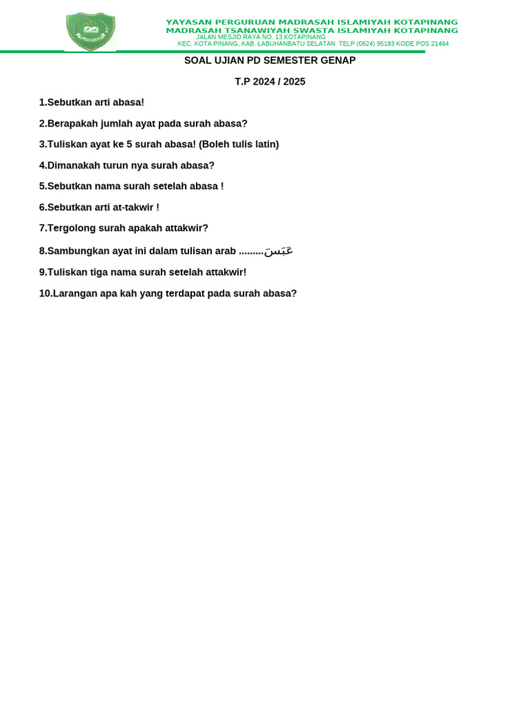 Soal PD Kelas Vii 2024 2025 | PDF