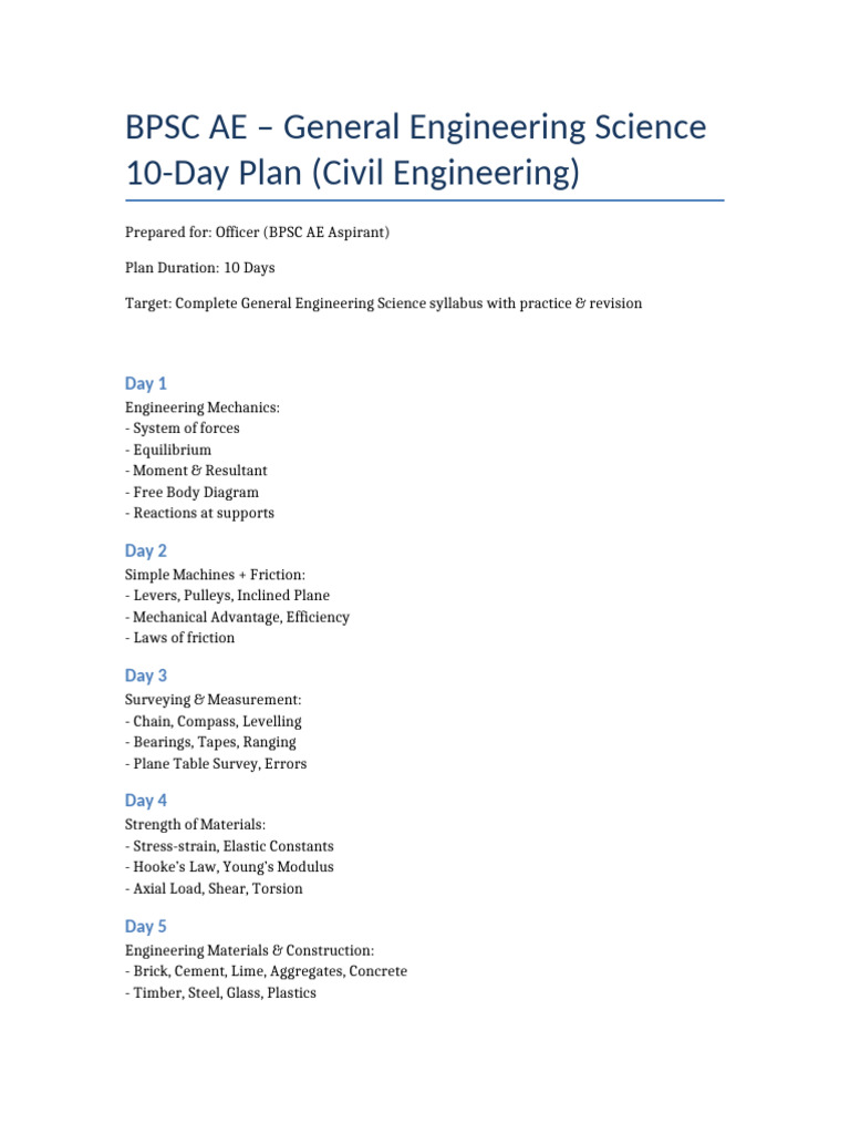 BPSC Ae Ges 10 Day Study Plan | PDF