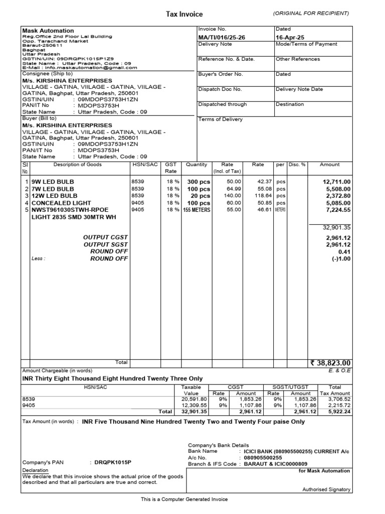 Tax Invoice Ma 016 Kirshina Enterprises | PDF | Taxation | Taxes