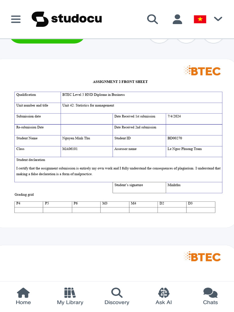 Ma06101 Bd00270 570 Asm2 - Assignment 2 Front Sheet Qualification Btec Level 5 HND Diploma in ...