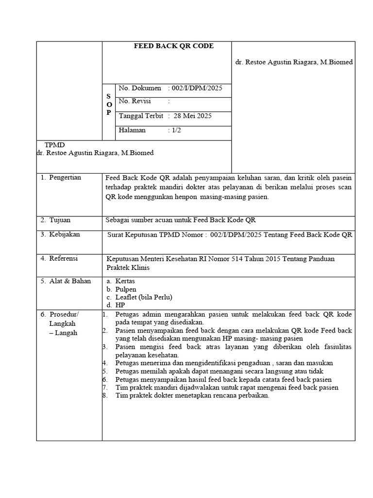 SOP Feed Back QR Code | PDF