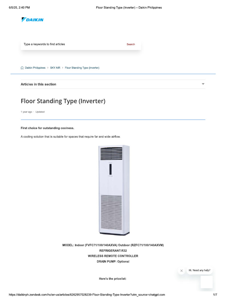 Floor Standing Type (Inverter) - Daikin Philippines FVFC100 | PDF