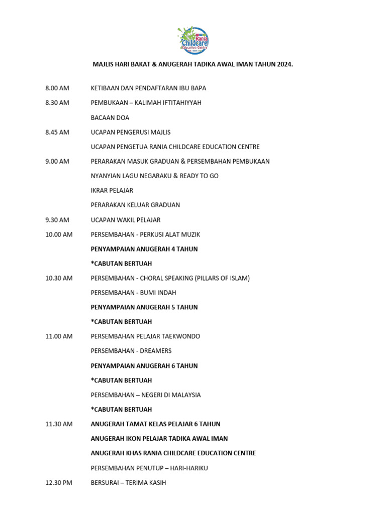 Aturcara Majlis Hari Bakat & Anugerah Tadika Awal Iman 2024 | PDF