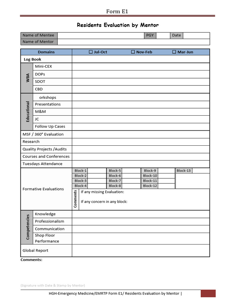 Resident Evaluation Form E1 Template | PDF