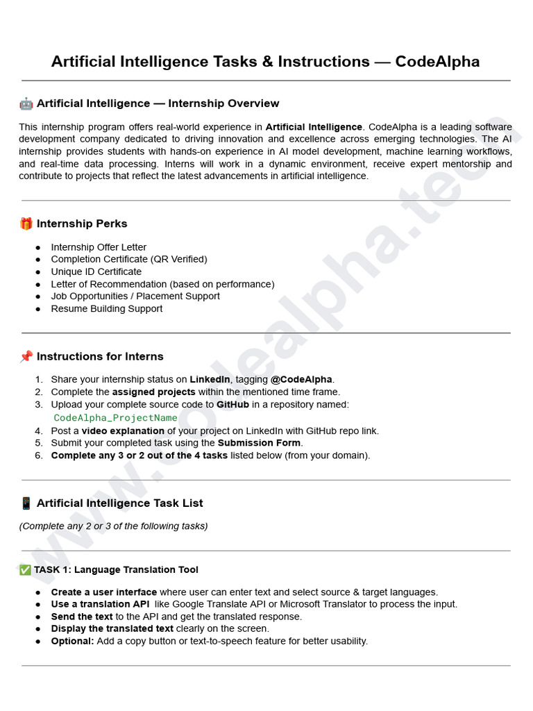 Artificial Intelligence Tasks & Instructions - CodeAlpha | PDF | Artificial Intelligence ...