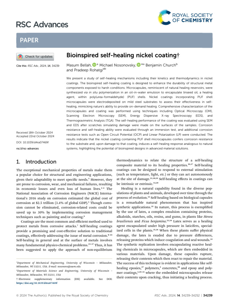 Bioinspired Self-Healing Nickel Coating | PDF | Materials | Physical Sciences