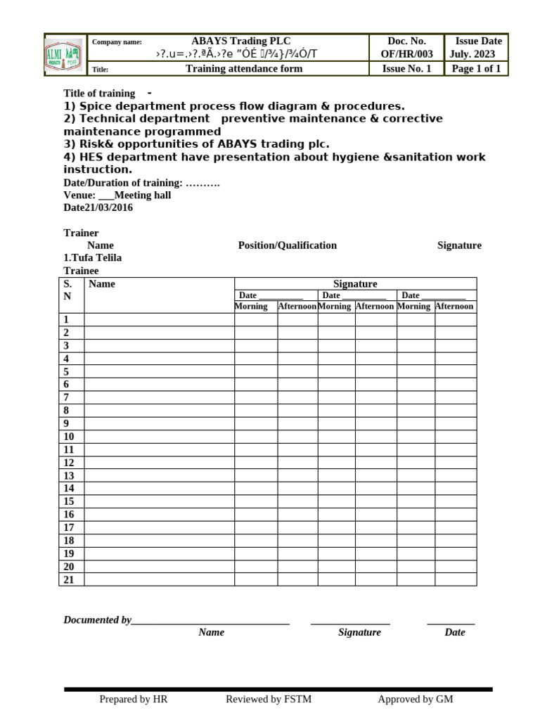 3 of-HR-003 Training Attendance Form1 | PDF | Safety