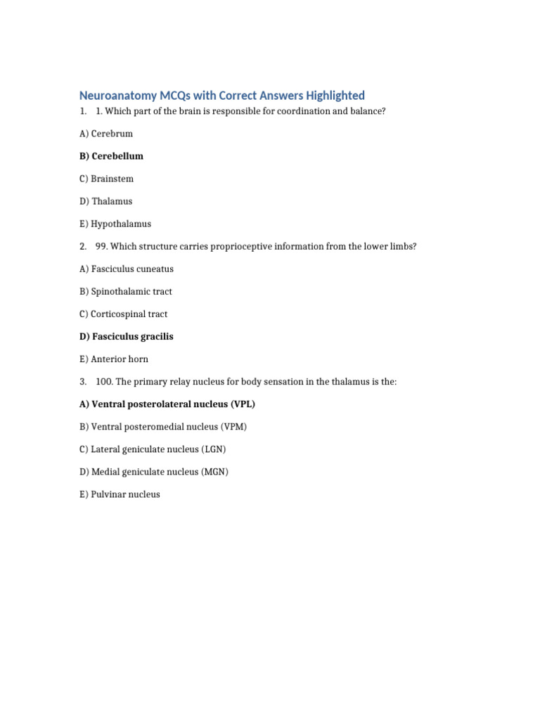 Neuroanatomy MCQs 1 To 100 | PDF