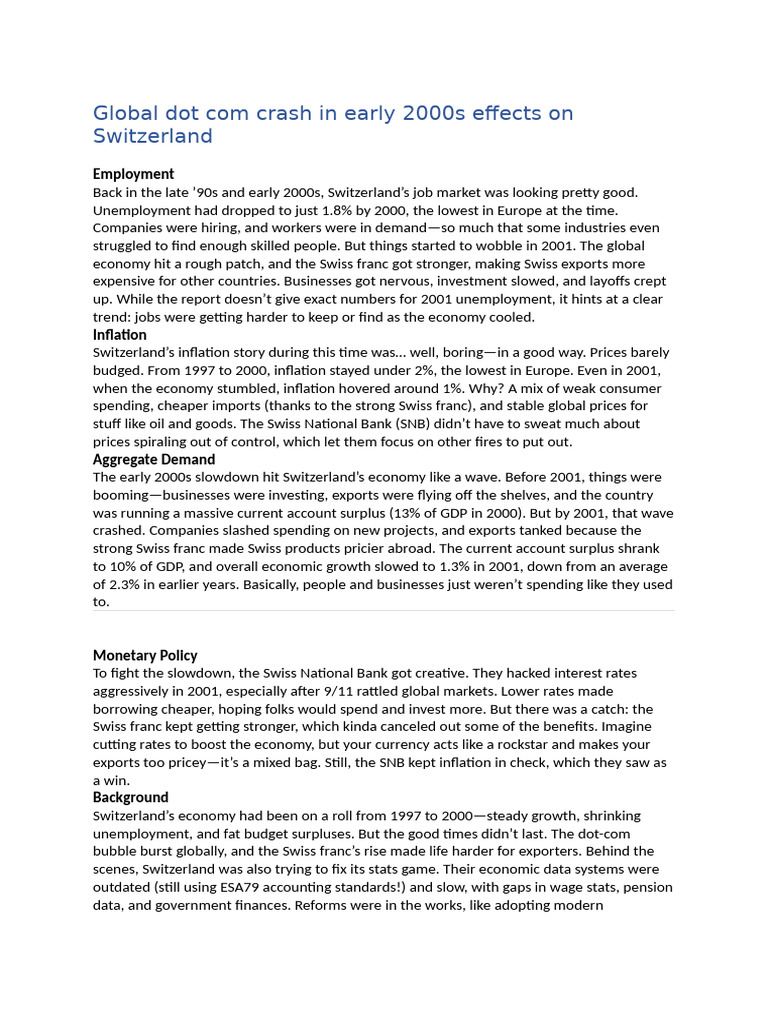 Global Dot Com Crash in Early 2000s Effects On Switzerland 2 | PDF ...