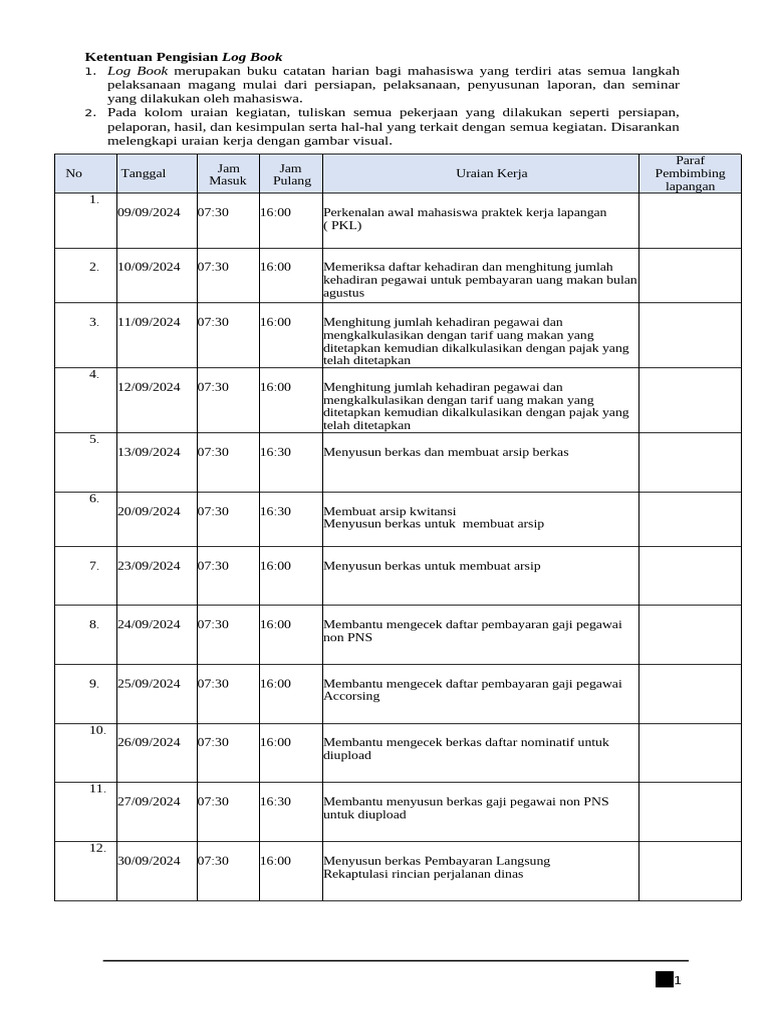 Panduan Pengisian Log Book Magang | PDF
