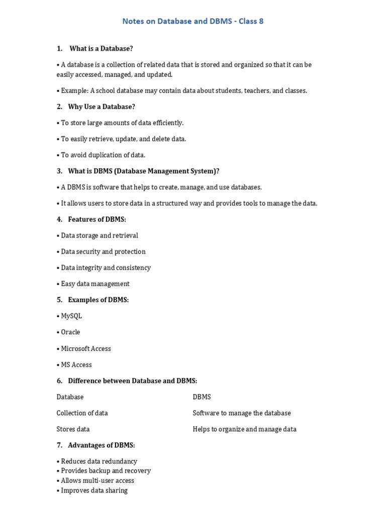 Database and DBMS Overview for Class 8 | PDF