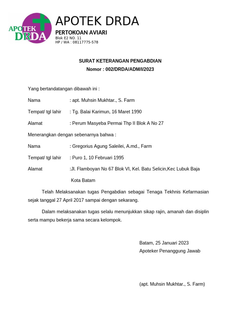 Surat Pengabdian STRTTK | PDF