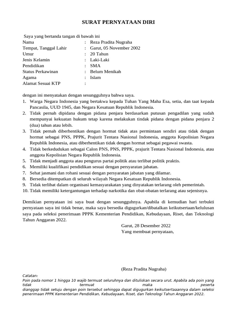 02 Format Surat Pernyataan Diri 10 Poin Seleksi PPPK Kemdikbudristek 2022 1 | PDF