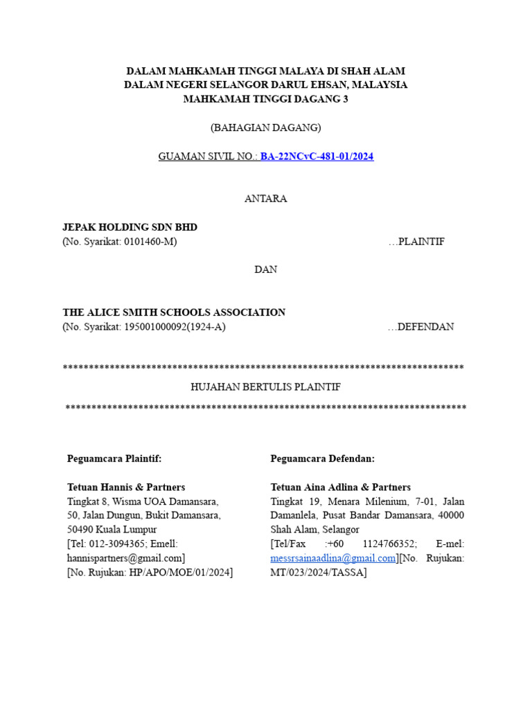 Hujahan Bertulis Plaintif | PDF