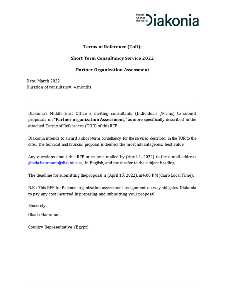Diakonia's Revised ToR 2022 Partner Organization Assesment | PDF ...