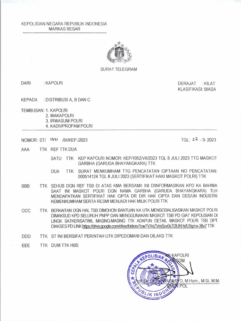 Surat Telegram Kassubag20230922 | PDF