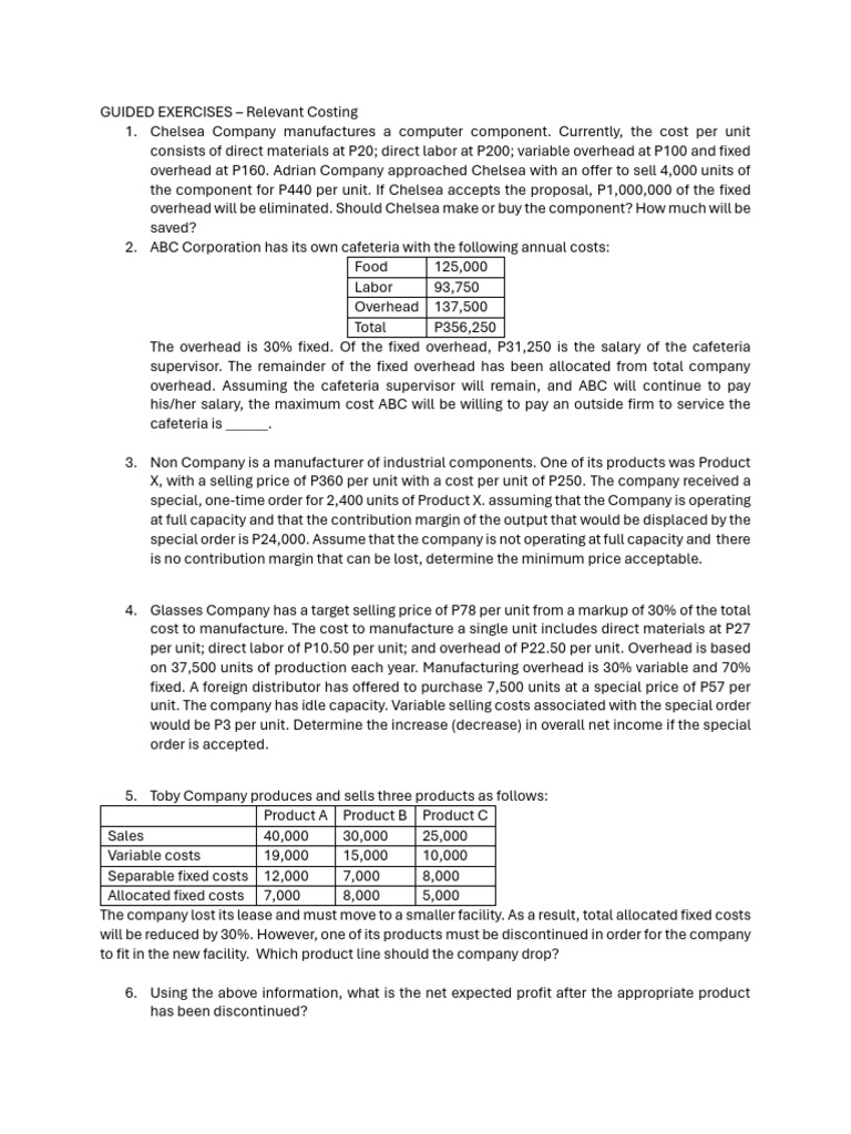 Guided Exercises - Relevant Costing | PDF | Economics | Business
