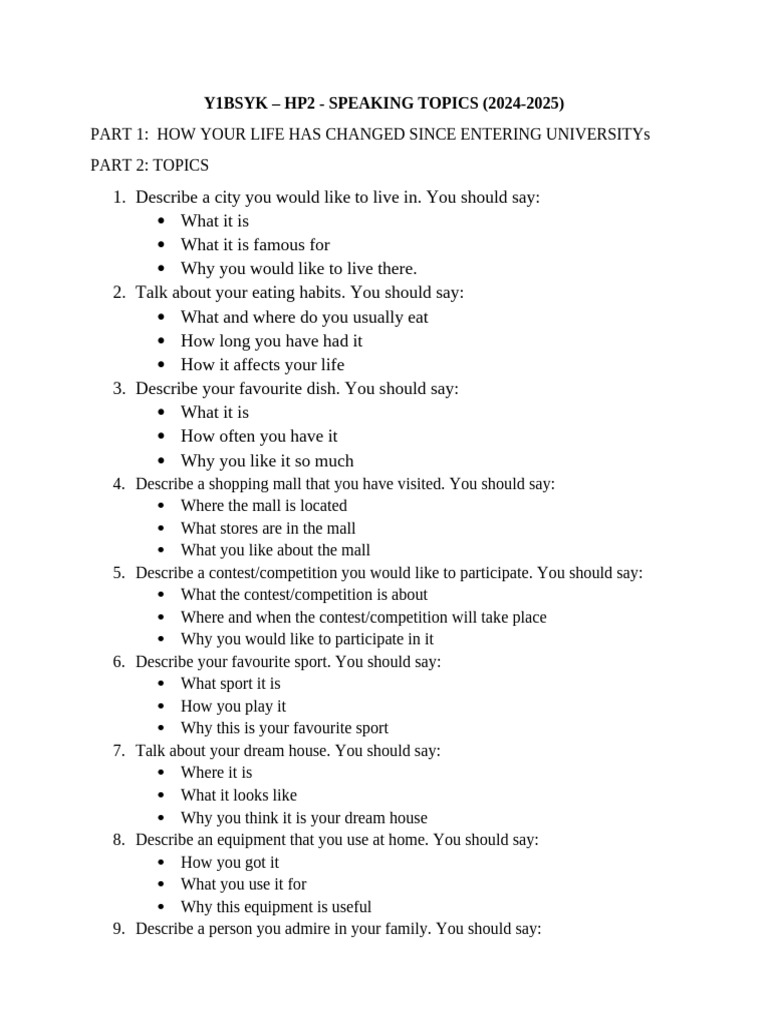 University Life Speaking Topics 2024-2025 | PDF