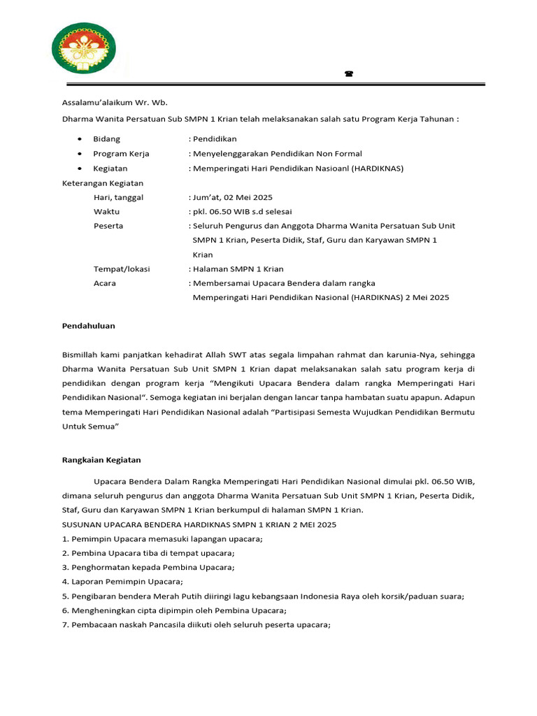 Laporan Kegiatan DWP Sub Unit SMPN 1 Krian - Hardiknas | PDF