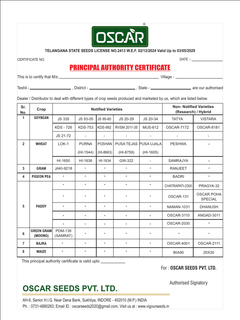 Principal Certificate (Oscar Seeds) Format New (2025 Arpil) | PDF | Vegan Cuisine | Edible Plants