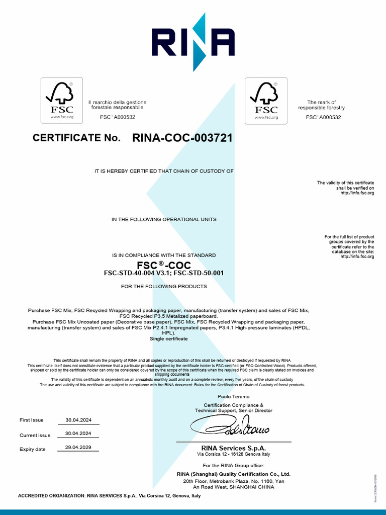 FSC Certificate RINA COC 003721 Signed | PDF | Forest Stewardship Council