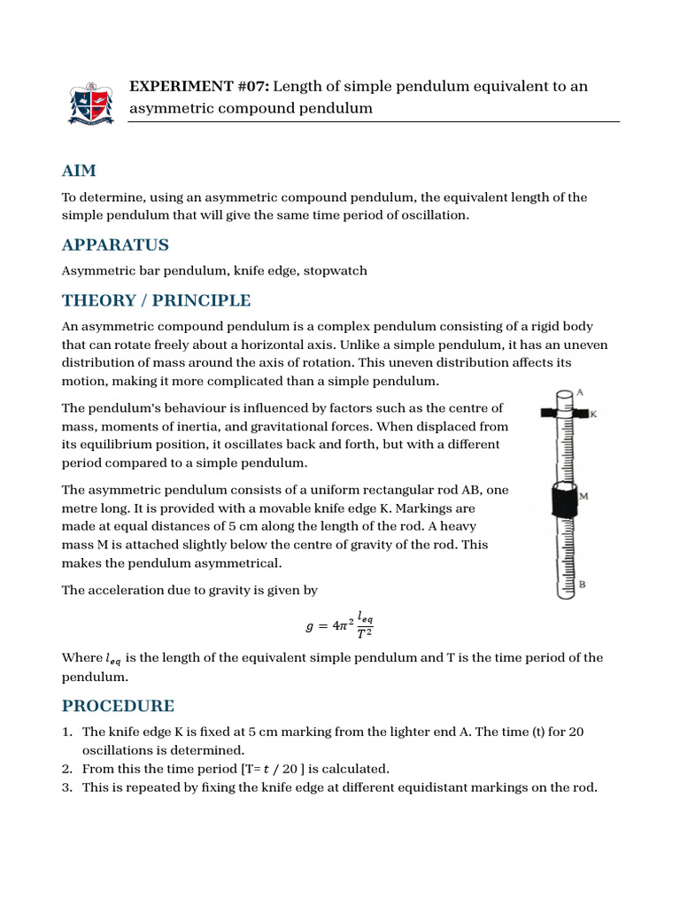 EXPERIMENT 07 - Asymmetric Pendulum | PDF | Pendulum | Mass