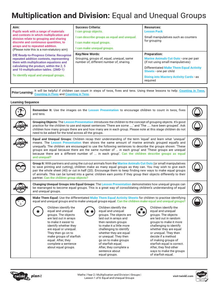 Equal and Unequal Groups in Maths | PDF | Learning | Cognition
