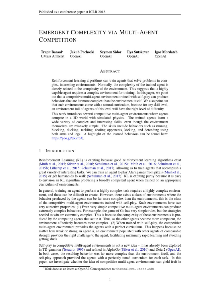 Emergent Complexity Via Multiagent Competition | PDF | Learning ...