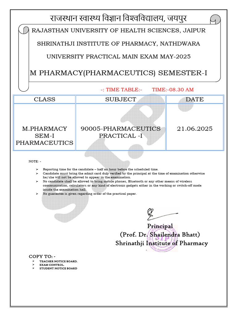 PR Exam Time Table M.pharmacy Sem I, II, III, May 2025 | PDF