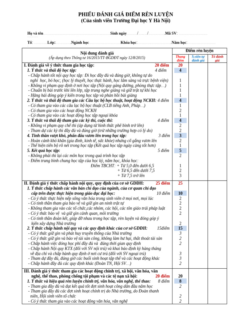 Tieu Chi Danh Gia Diem Ren Luyen SV | PDF