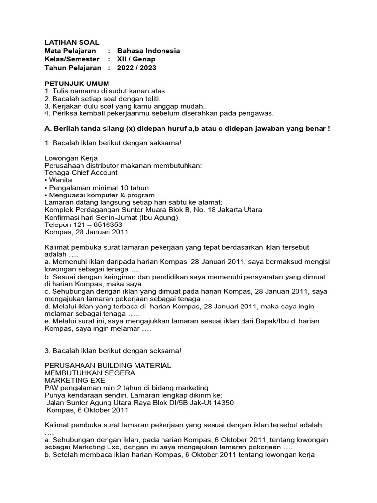 Latihan Soal Kelas Xii 2022-2023 | PDF