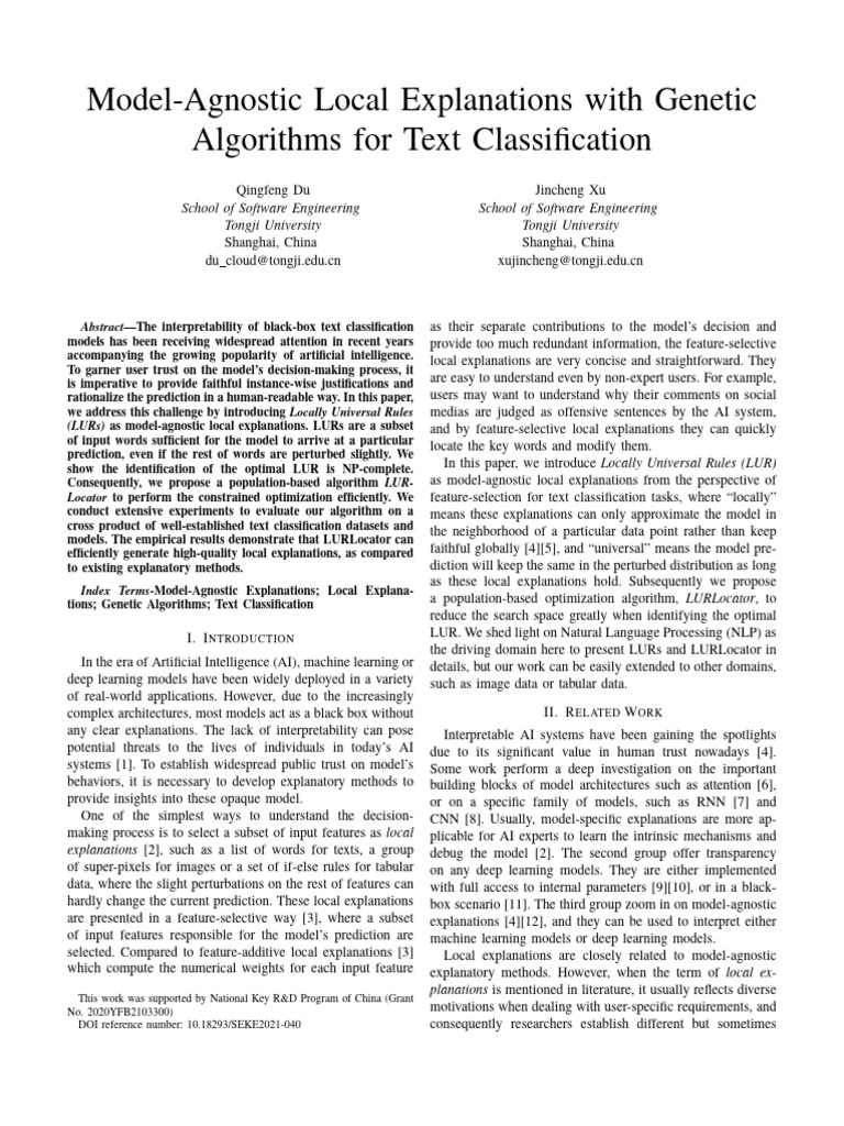 Model Agnostic Local Explanations With Genetic Algorithm For Text Classification | PDF ...