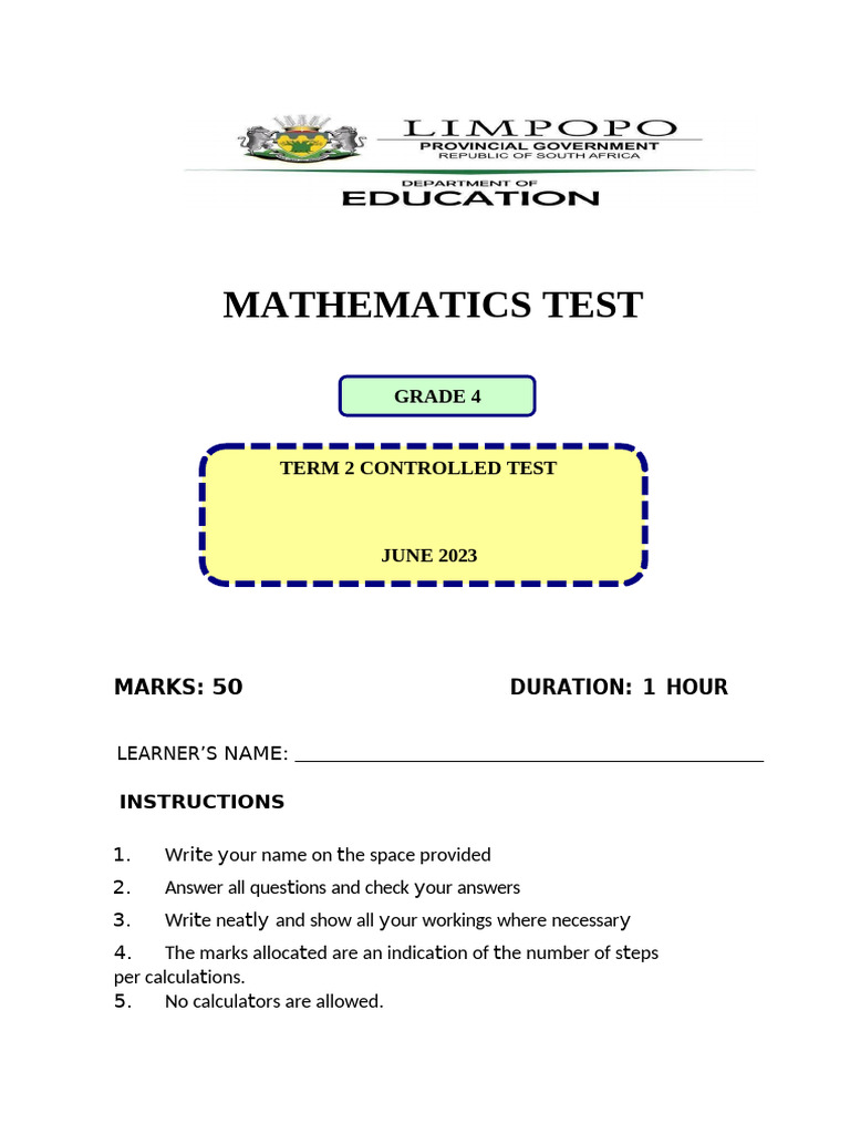 Mathematics Grade 4 Controlled Test Term 2 2025 | PDF | Mathematics