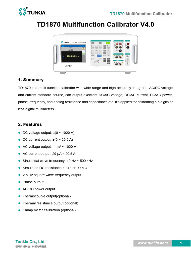 TD1870 Multifunction Calibrator EN - V4.0 | PDF | Alternating Current ...