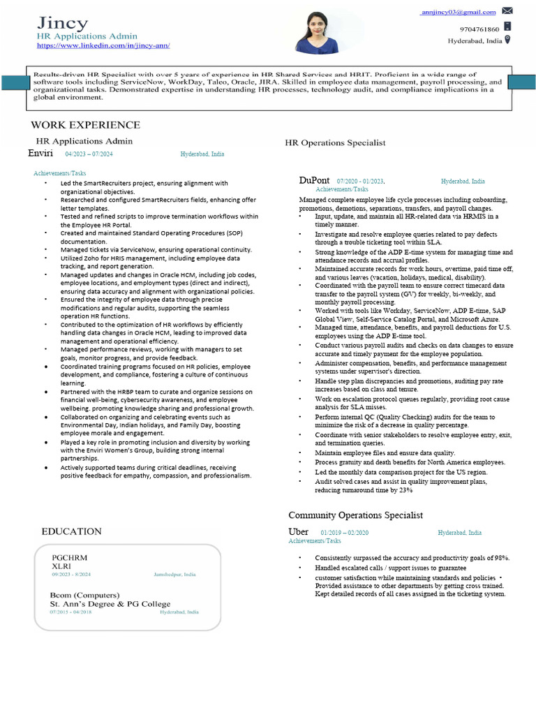 Jincy HR Resume | PDF | Employment | Payroll
