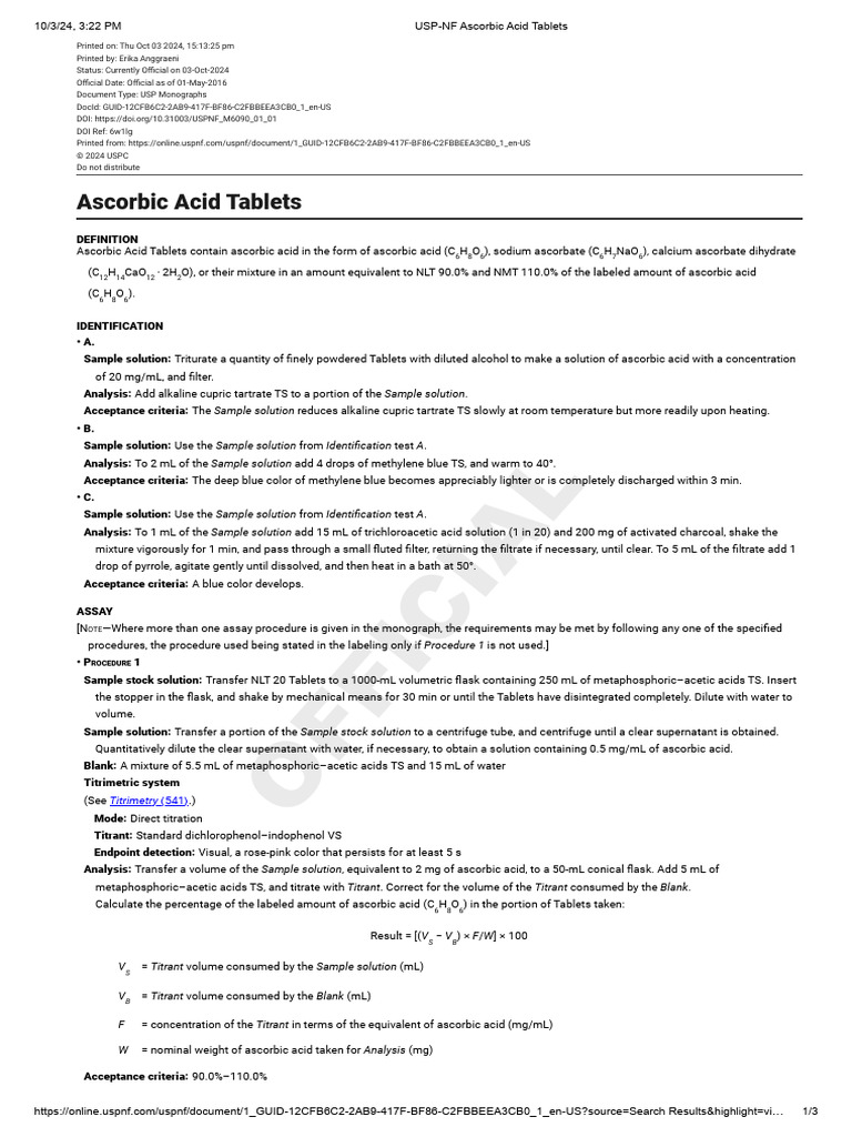 USP-NF Ascorbic Acid Tablets | PDF | Titration | Chemistry